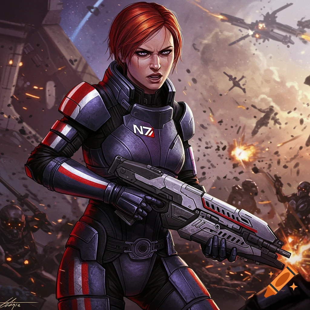 Illustration of Commander Shepard in N7 armor holding a rifle during a ...