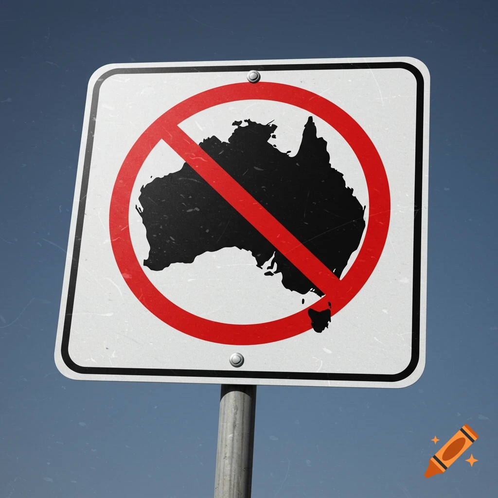 A road sign showing the outline of Australia inside a red circle ...