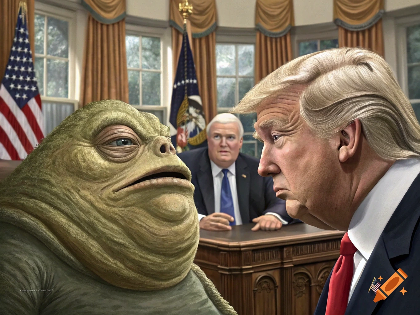 Jabba the Hutt with Trump's face meets Trump and another man in the ...