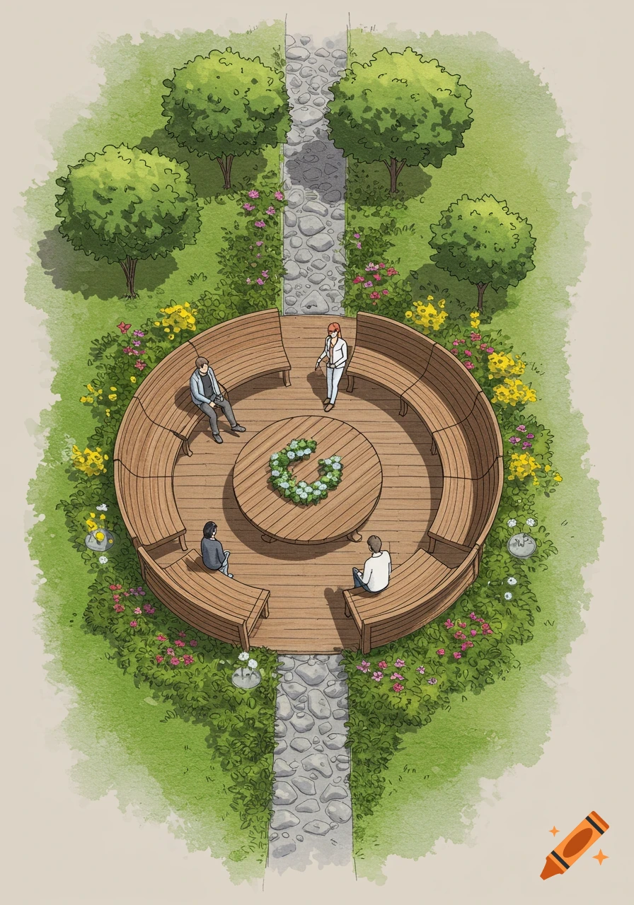 Top-down architectural illustration of a circular park seating area ...