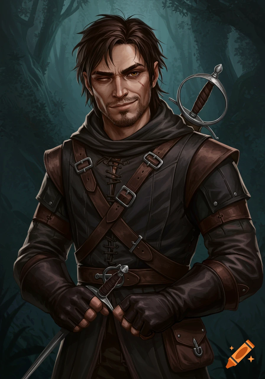 Fantasy portrait of a winking male rogue in a hooded leather outfit ...