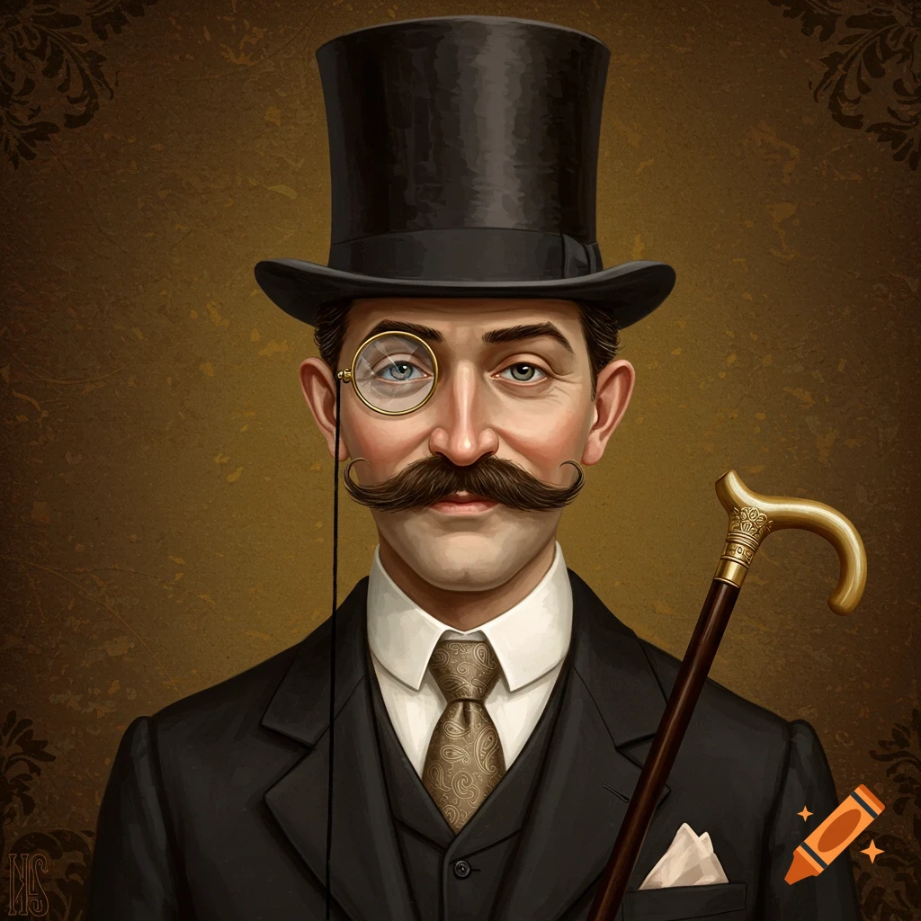 Illustration of a man in a top hat, monocle, mustache, and suit holding a cane. on Craiyon