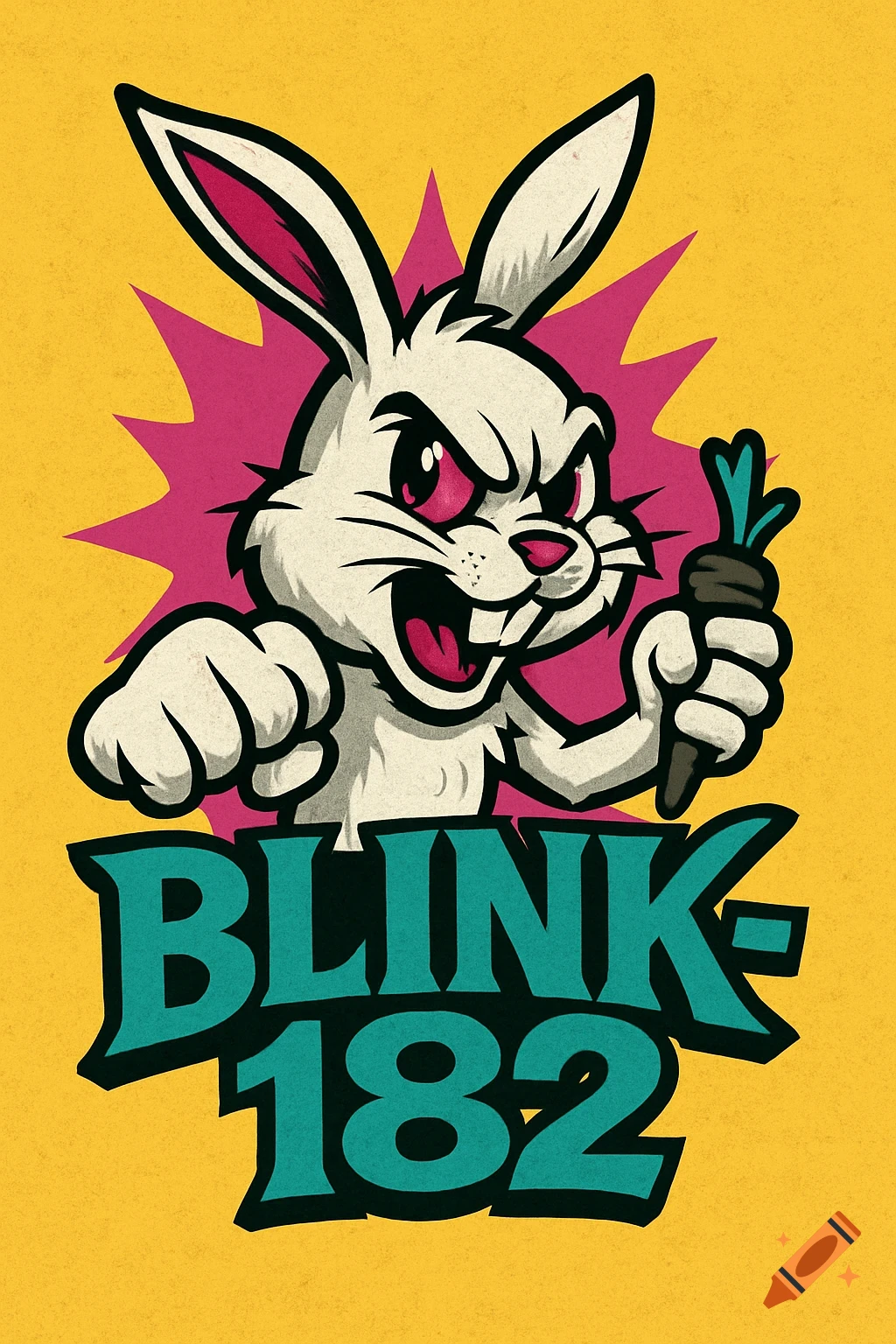 Cartoon bunny rabbit holding a carrot with 'BLINK-182' text. on Craiyon