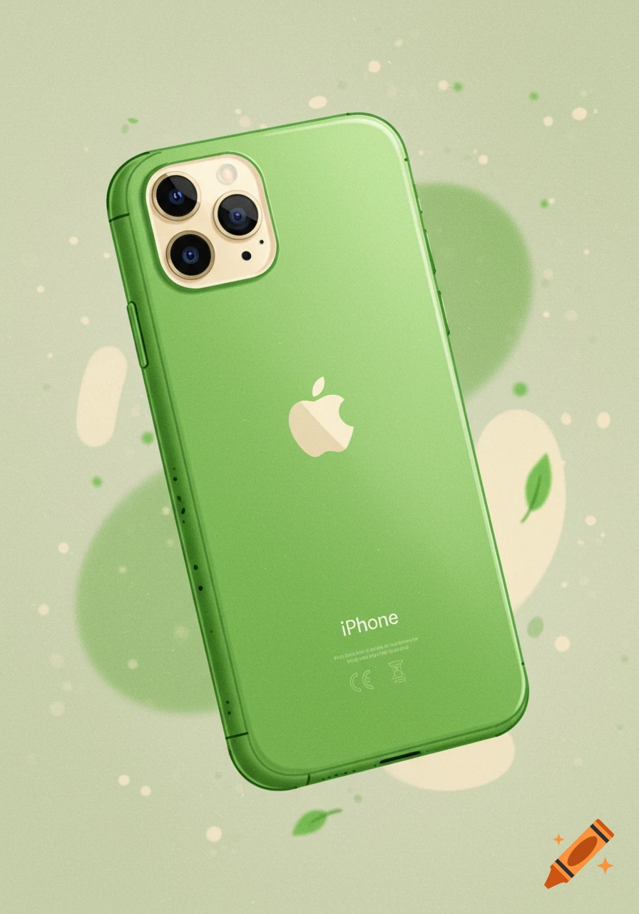 A green iPhone shown from the back, floating against a light green ...