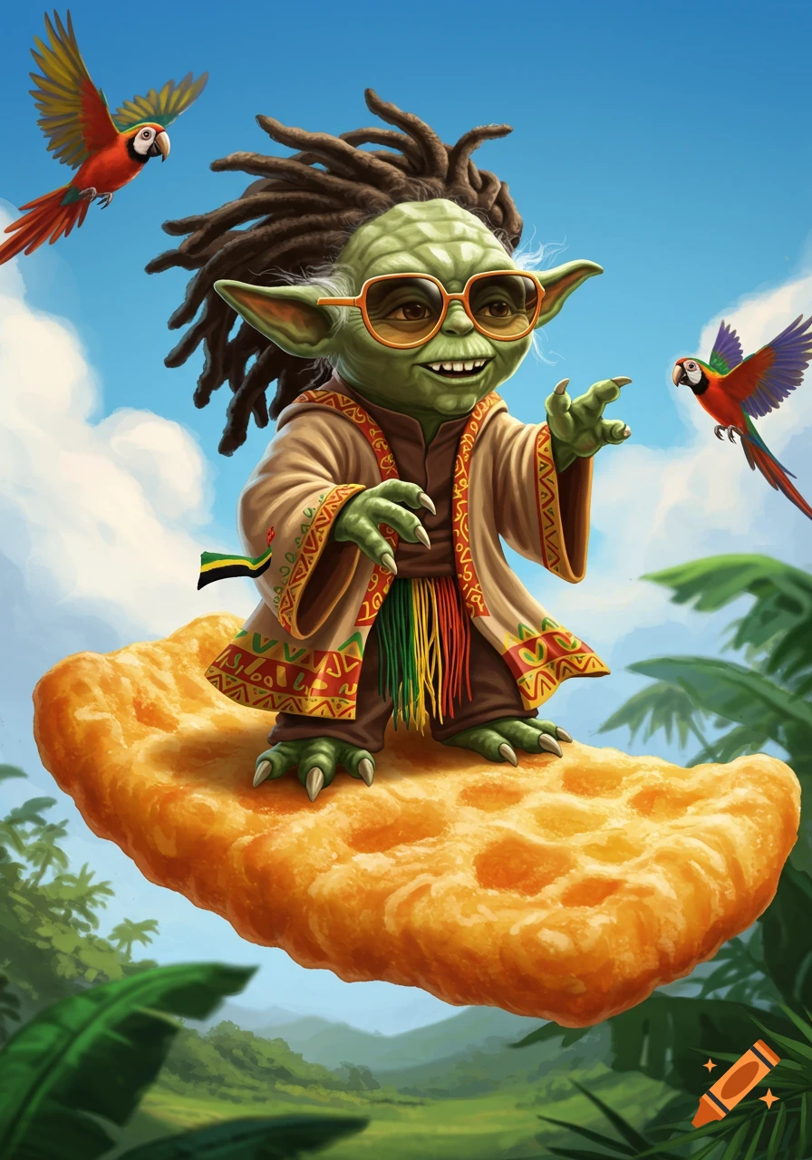 Cartoon depiction of Rasta-style Yoda flying on a giant quavers crisp ...