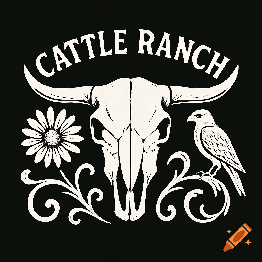 White graphic logo for Cattle Ranch with skull, daisy, hawk, and scroll ...