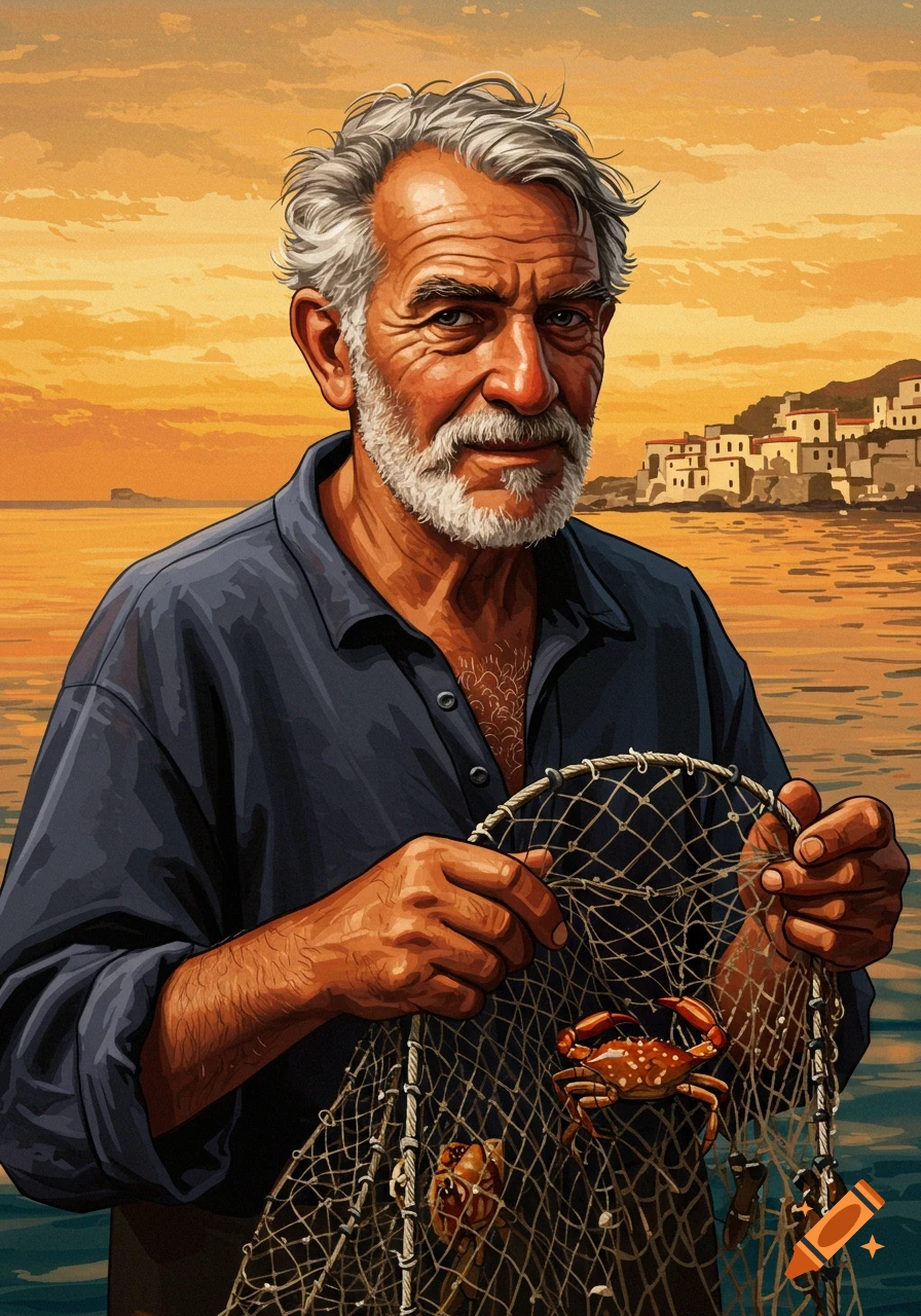Illustration of an old man holding a fishing net with crabs at sunset ...