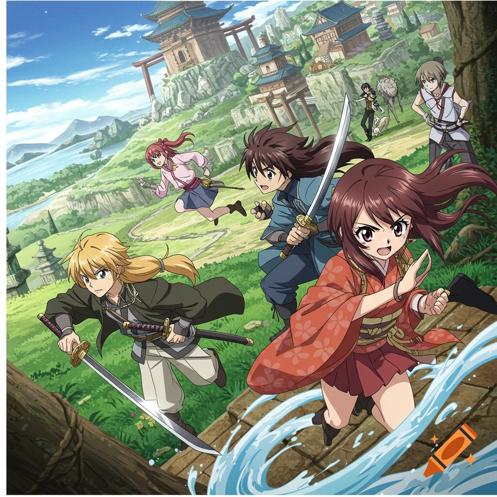 Group of anime characters with swords running through a traditional ...