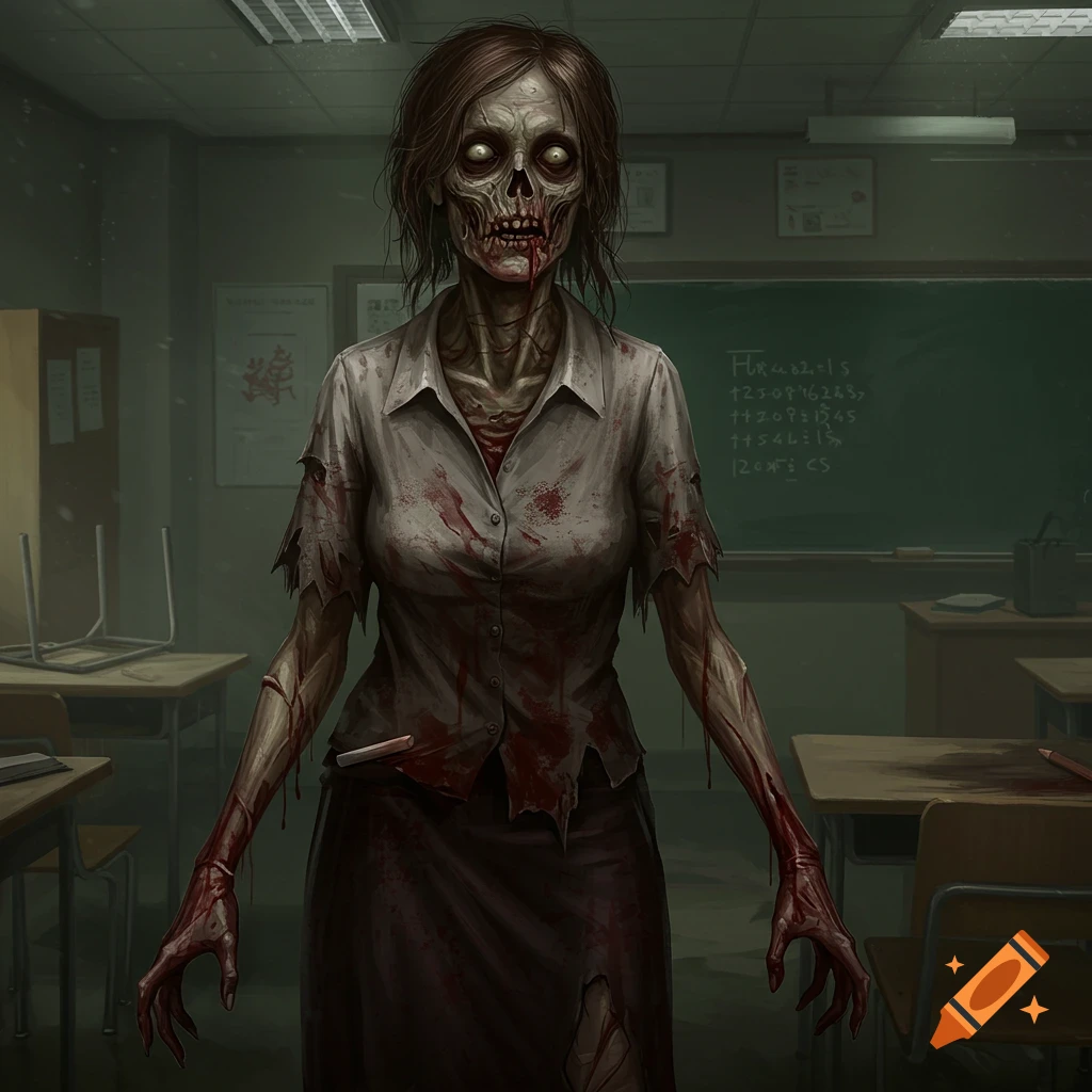 Illustration of a zombie teacher standing in a messy classroom. on Craiyon