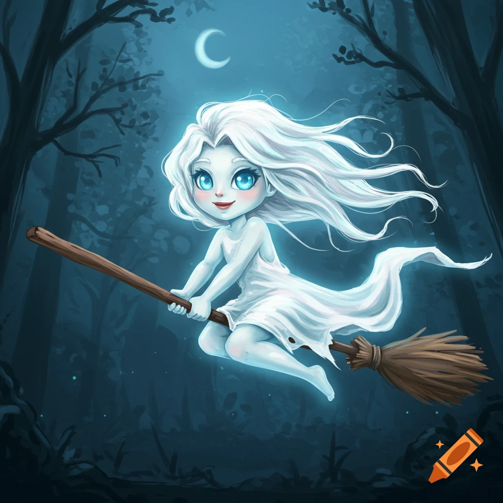 Cute ghost girl flying on a broomstick through a spooky forest at night ...