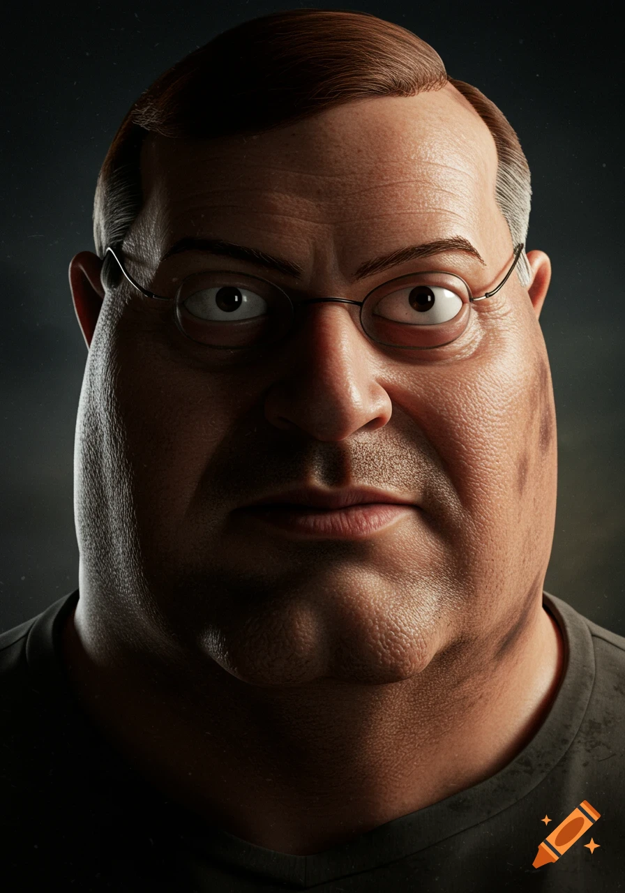 A close-up, realistic portrait of Peter Griffin with cartoonish eyes in ...