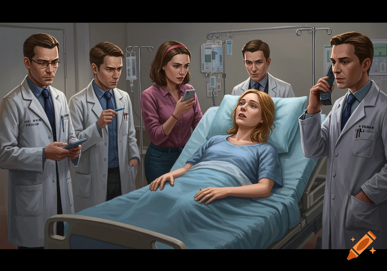 Woman in hospital bed with doctors around her. on Craiyon