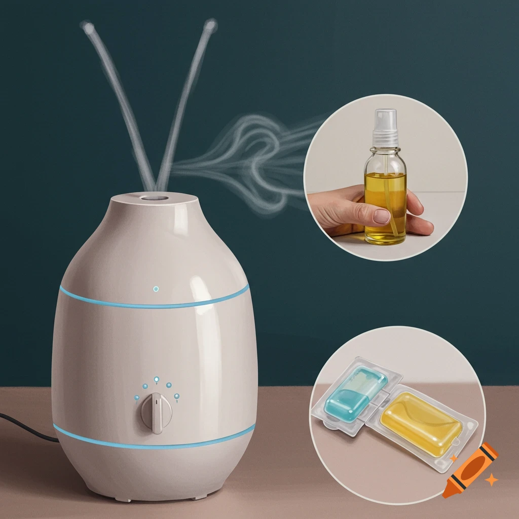 Illustration of a fragrance diffuser releasing steam, a hand holding a ...