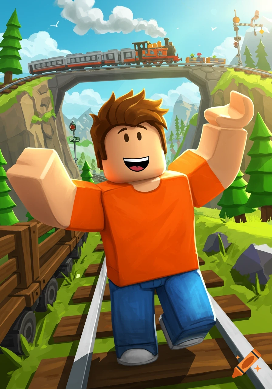 Roblox character stands on train tracks with arms raised, a train ...