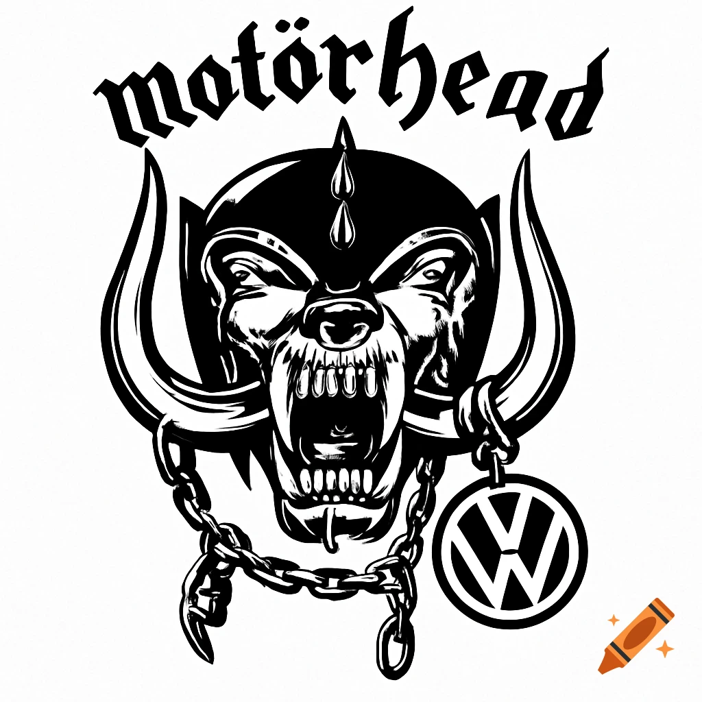 Black and white illustration of Motorhead skull with VW logo badge on chain, text "motorhead ...
