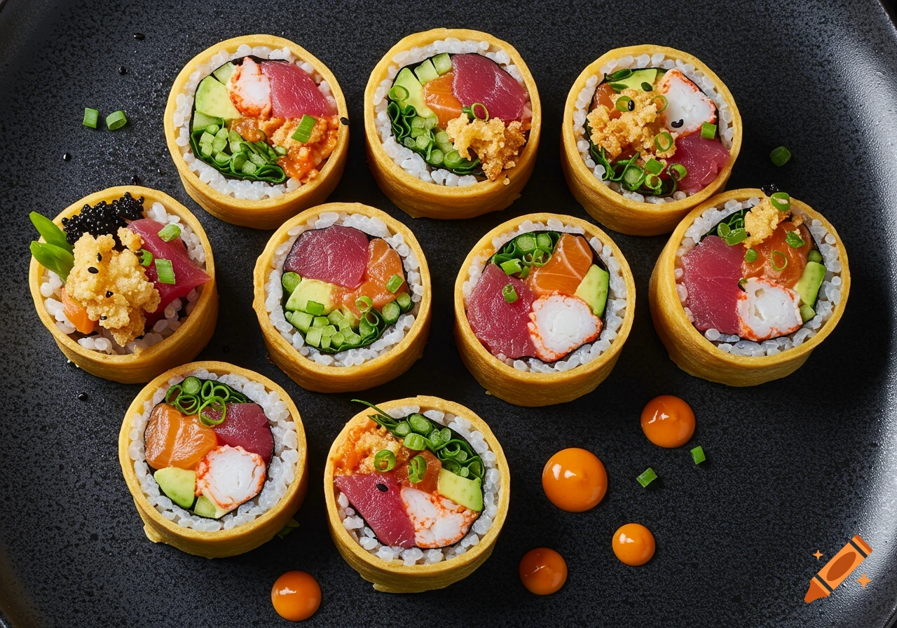 Several colorful sushi rolls with fish, crab, and vegetables wrapped in ...