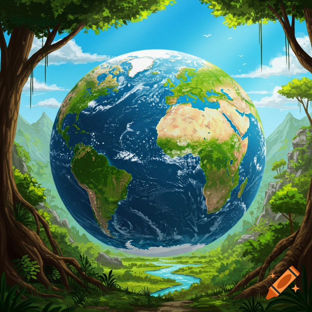 Illustration of Earth floating in a vibrant natural landscape with ...
