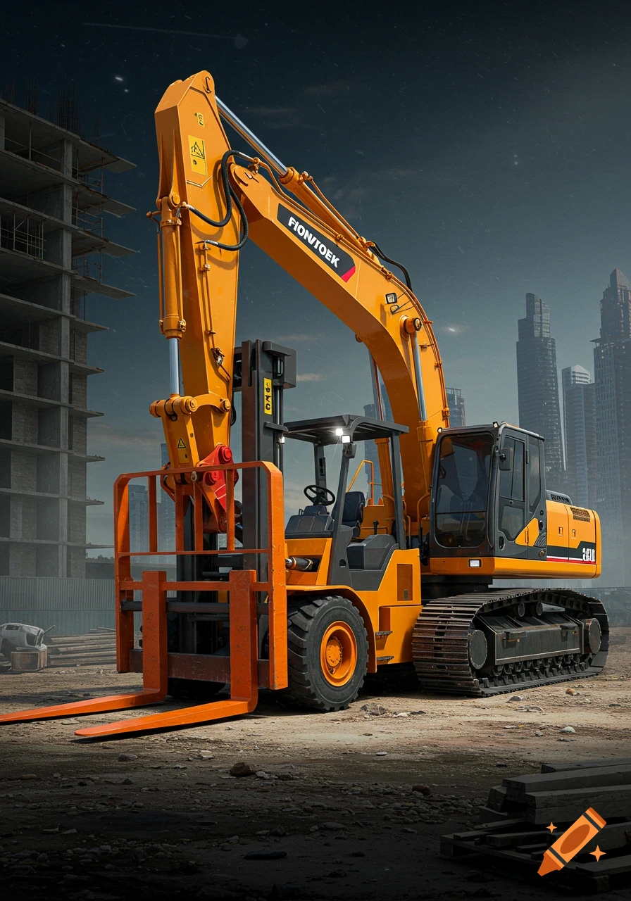 A large yellow excavator with a forklift attachment on tracks stands at ...