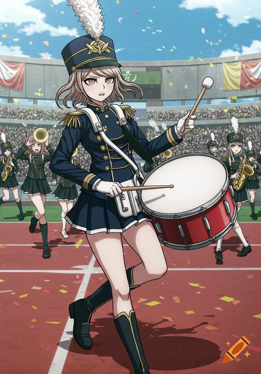 Anime character in a marching band uniform playing a drum in a stadium ...