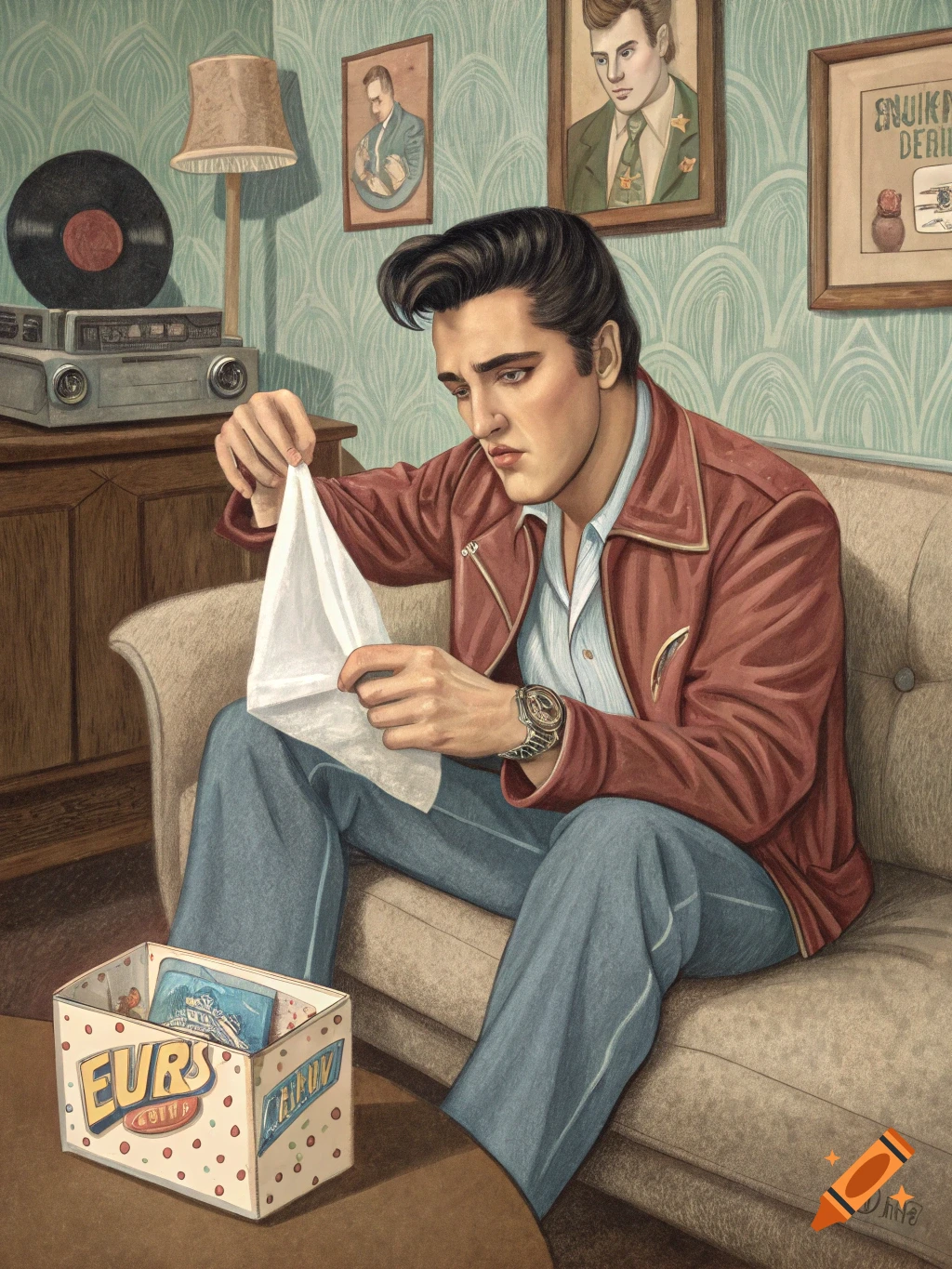 Illustration of a man resembling Elvis Presley sitting on a couch ...
