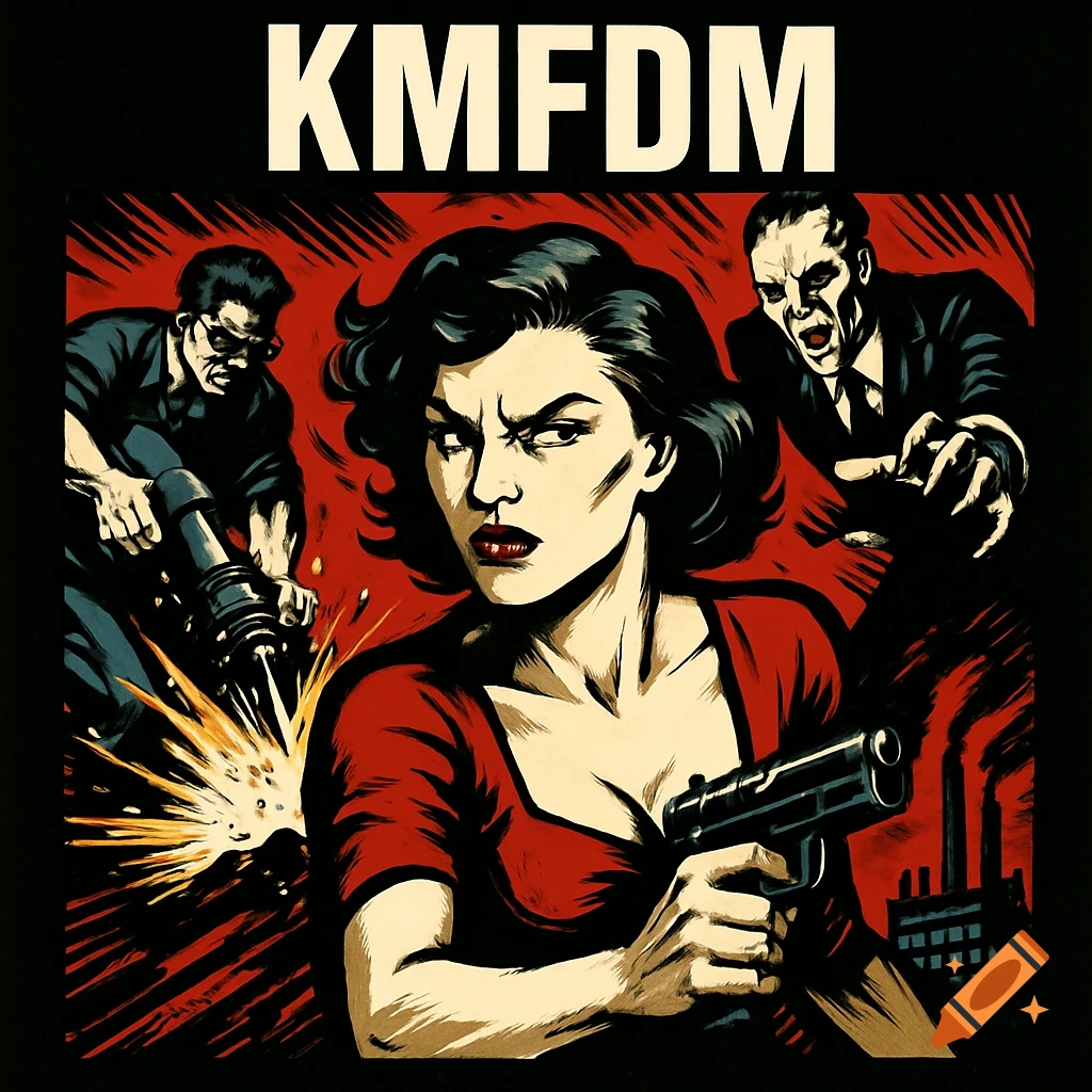 Stylized comic art of a woman holding a gun fighting two men, with the ...