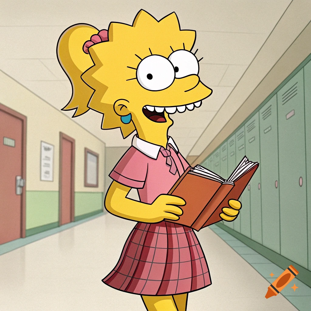 Cartoon image of Lisa Simpson holding a book in a school hallway in The ...