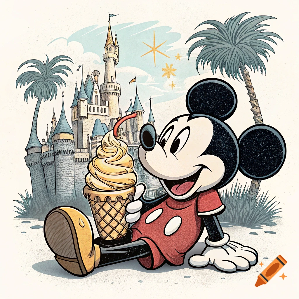 Mickey Mouse eats a Dole Whip cone in front of Disneyland castle, drawn ...