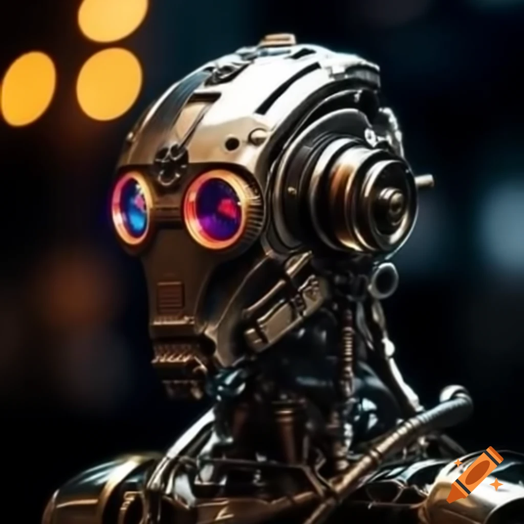 Steampunk robot head with metallic silver and gold, featuring colored ...