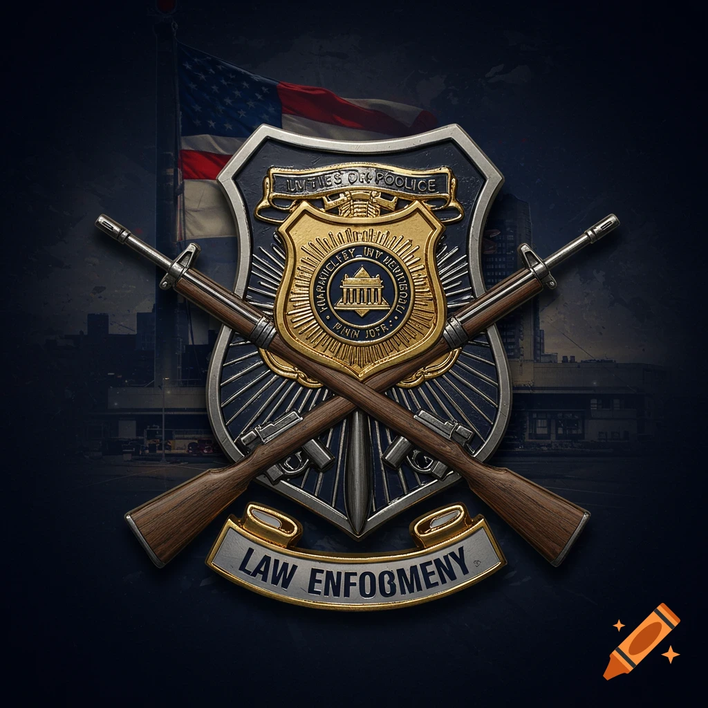 A metallic law enforcement badge featuring crossed rifles, a banner ...