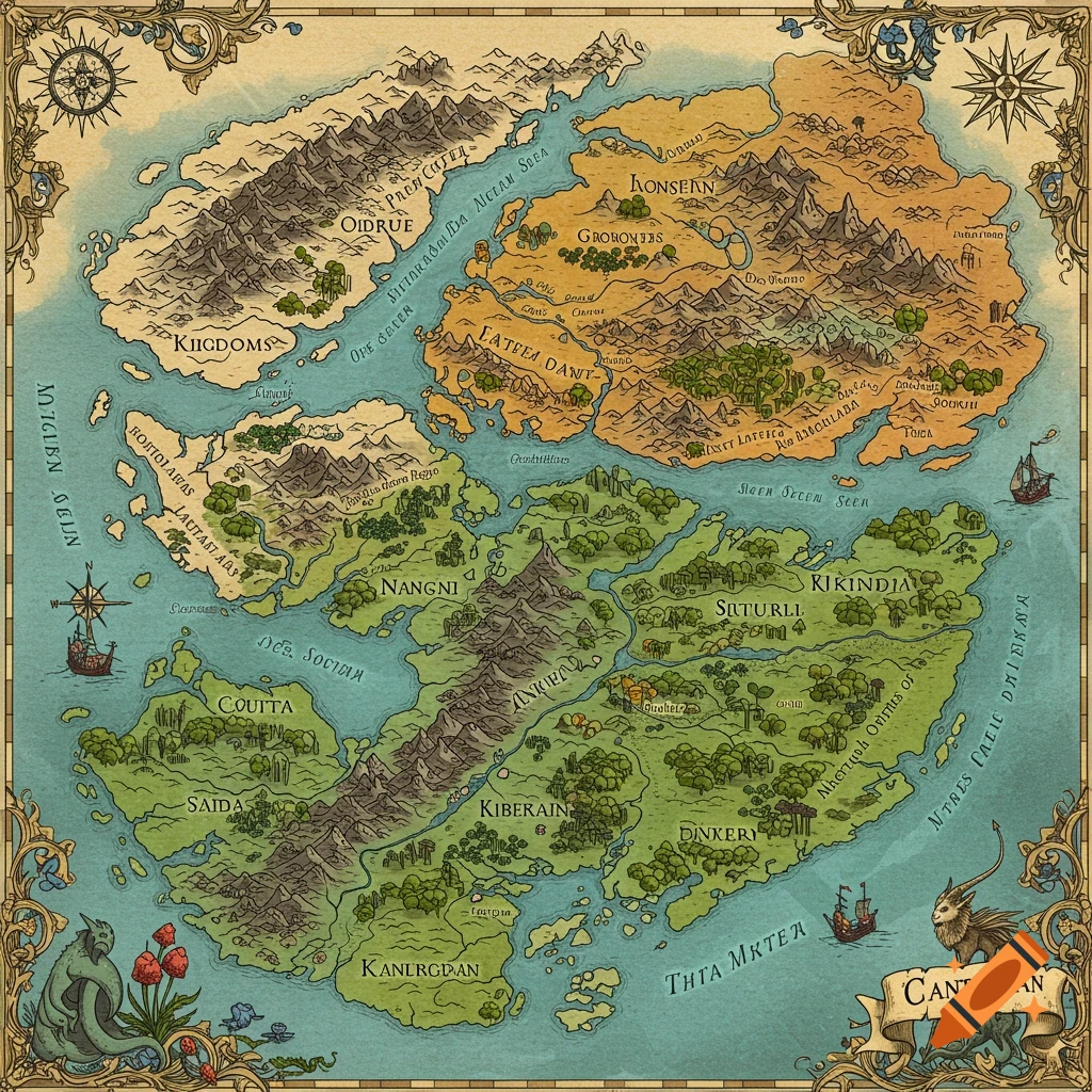 An illustrated fantasy map of islands and continents with mountains ...