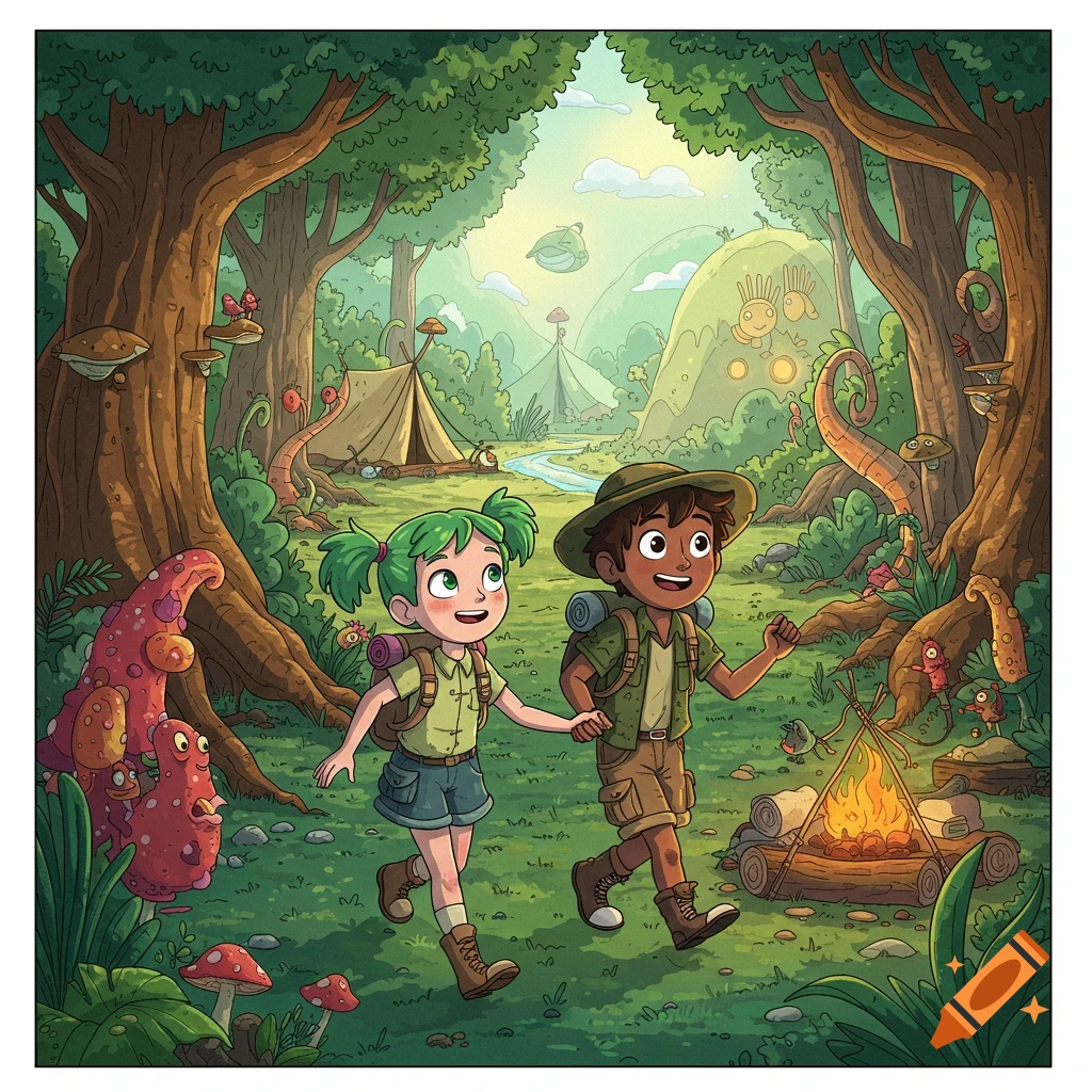 Two Cartoon Kids Walking Hand In Hand Through A Whimsical Forest