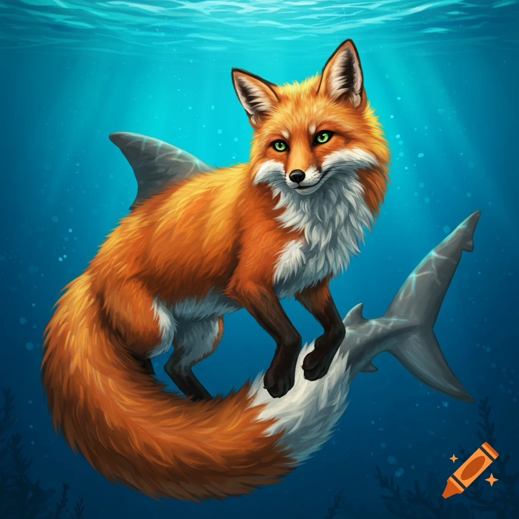 A fox with a shark tail swimming underwater in a stylized illustration ...
