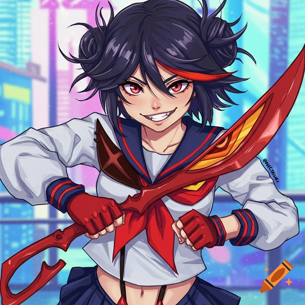 Anime character with black hair buns, red eyes, and school uniform ...