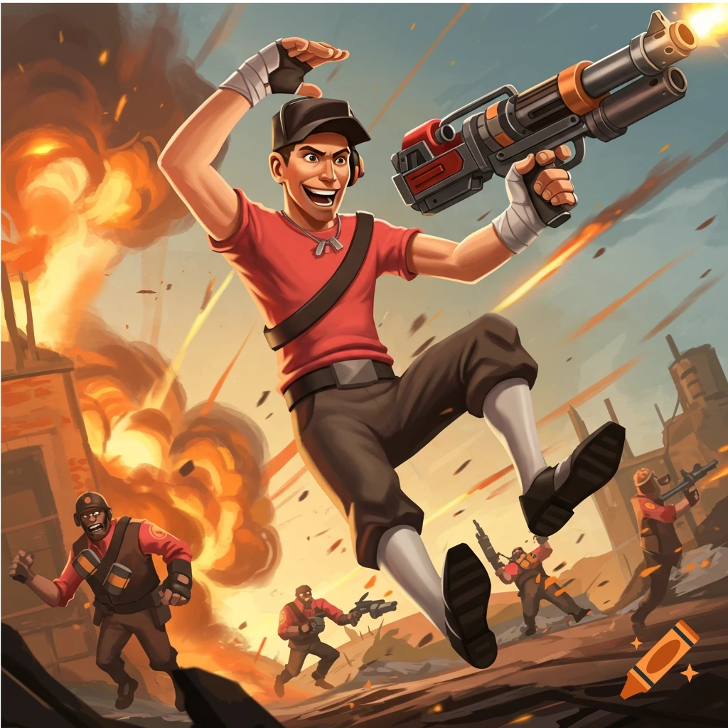 Team Fortress 2 Scout character jumps with a gun during a chaotic ...