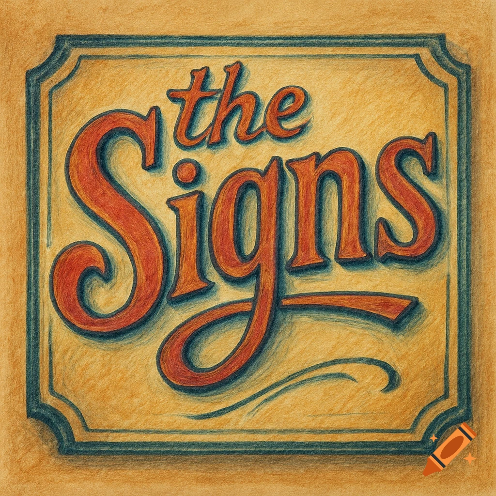 Colored pencil drawing of a retro sign with the words the Signs on Craiyon