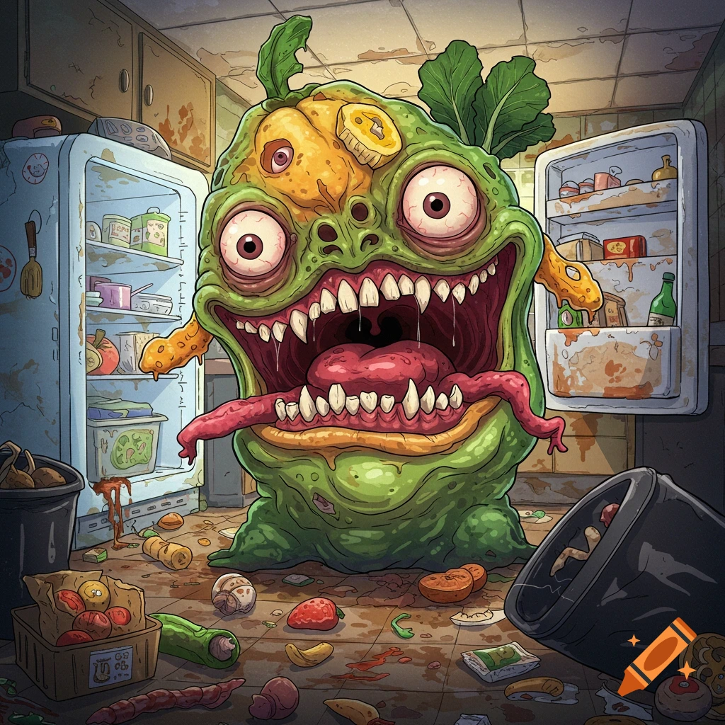 Cartoon monster in a messy kitchen with rotting food on Craiyon