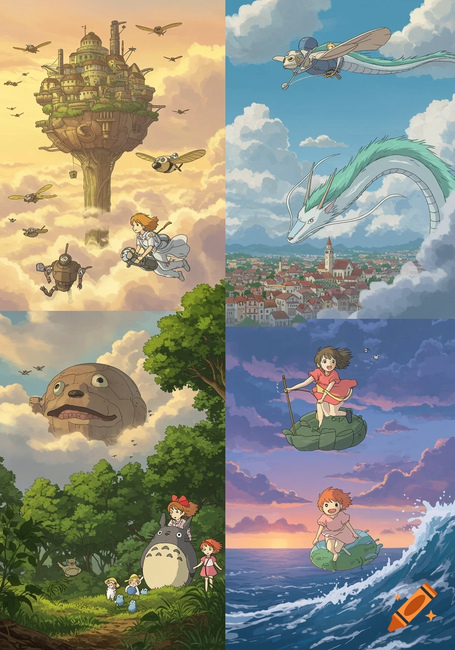 Collage of Studio Ghibli scenes: Laputa castle, Nausicaa, Haku, Totoro ...