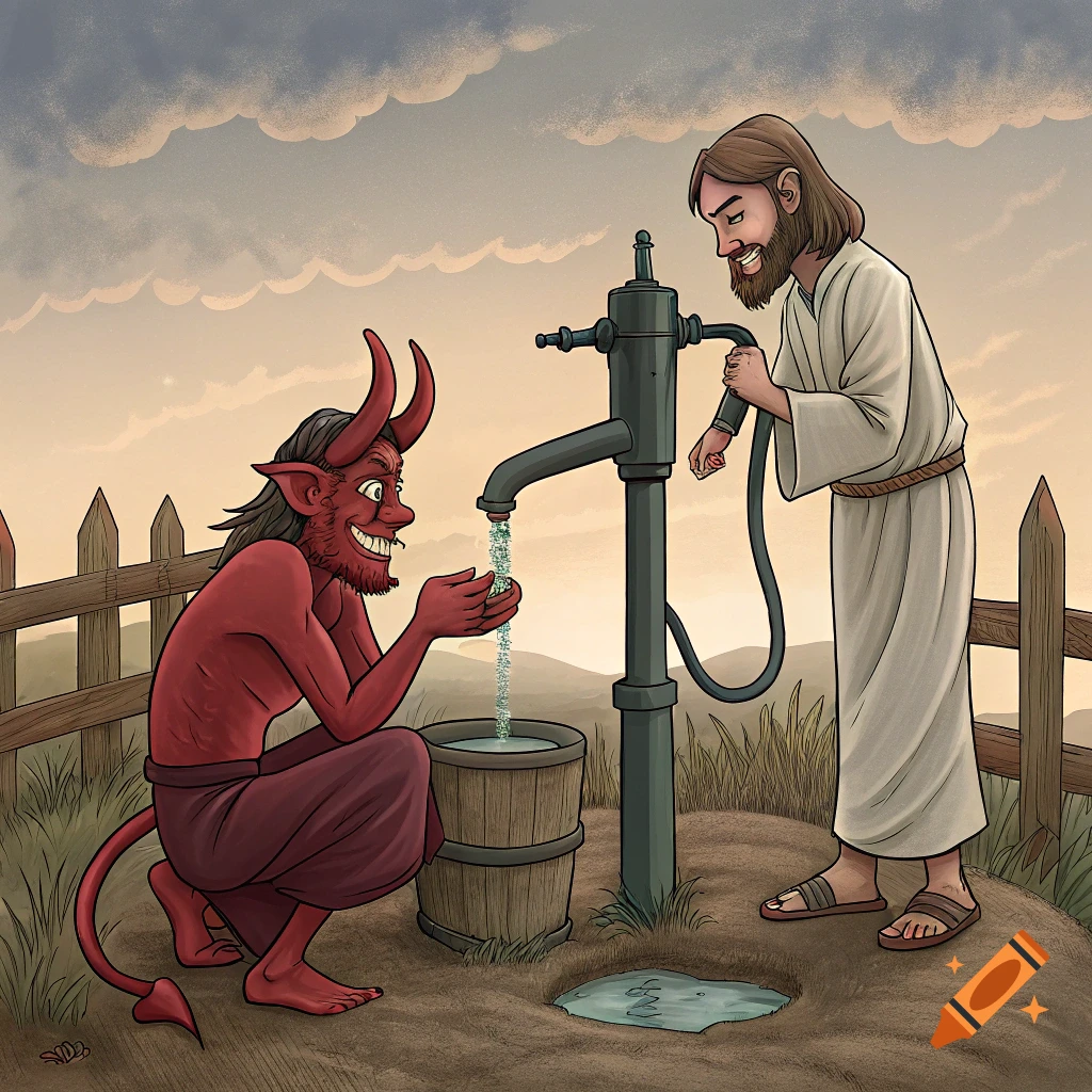 Cartoon illustration of a red devil pumping a water well while Jesus ...