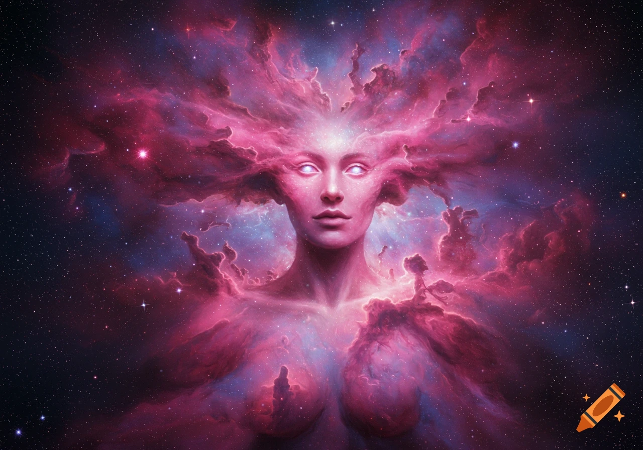 A humanoid figure composed of pink and purple nebula gas against a ...