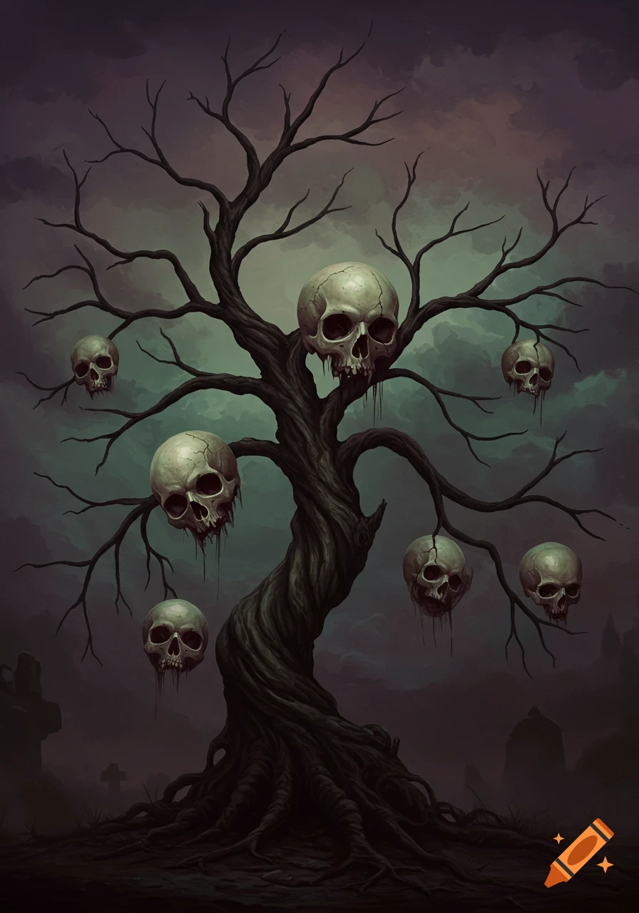 Gothic art of a dark, twisted tree with skulls hanging like fruits in a ...