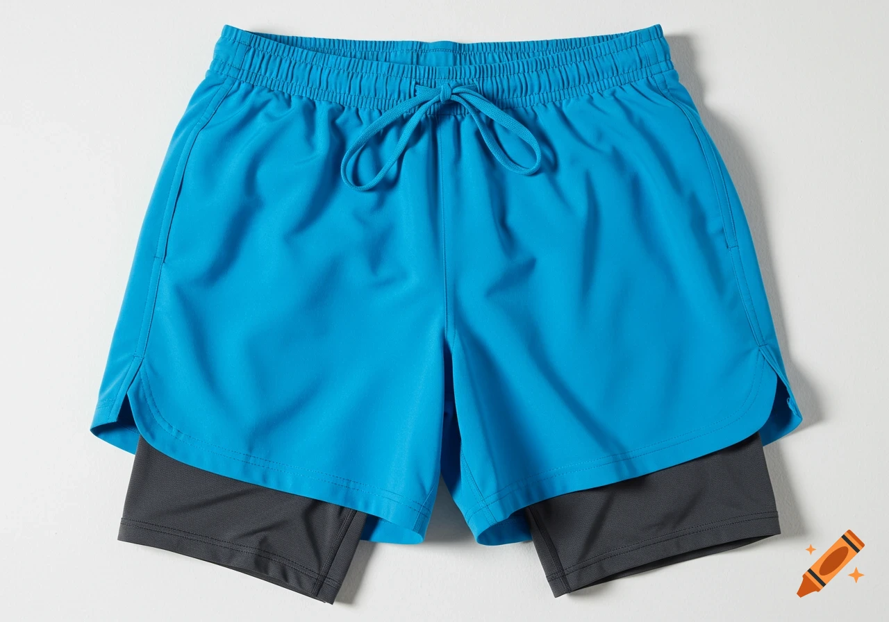 A pair of blue active shorts with grey biker shorts underneath. on Craiyon