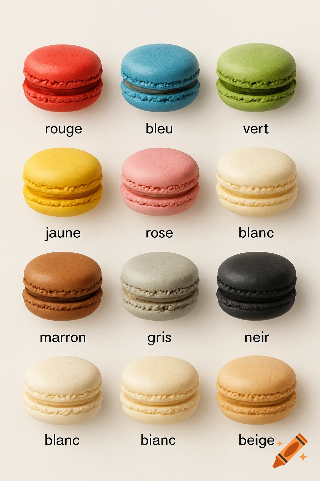 Grid of colorful macarons with French color labels. on Craiyon
