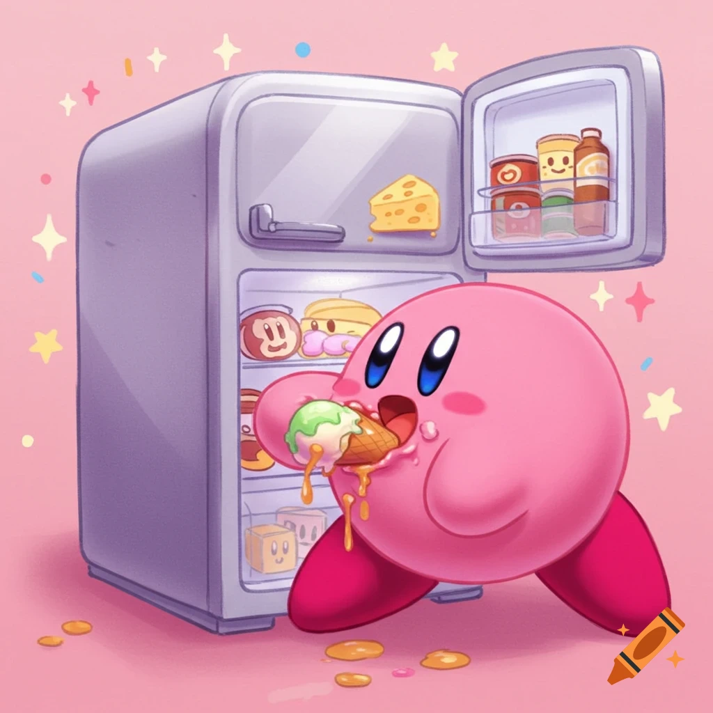 Cartoon illustration of Kirby eating ice cream from an open refrigerator. on Craiyon