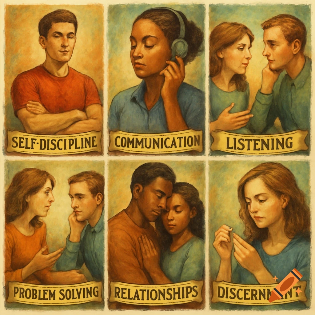 Six painted portraits illustrating concepts with text labels like self ...