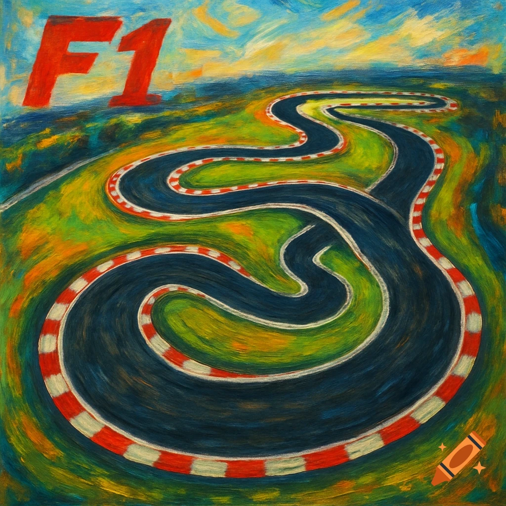 Painterly image of an F1 race track winding through a landscape, with ...