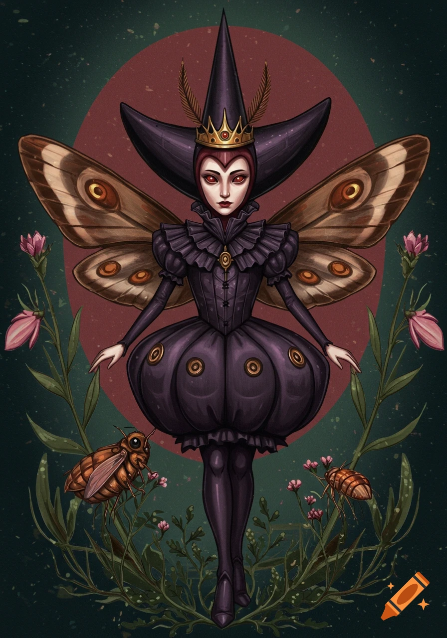 Gothic whimsical character with moth wings and pointed hat standing ...
