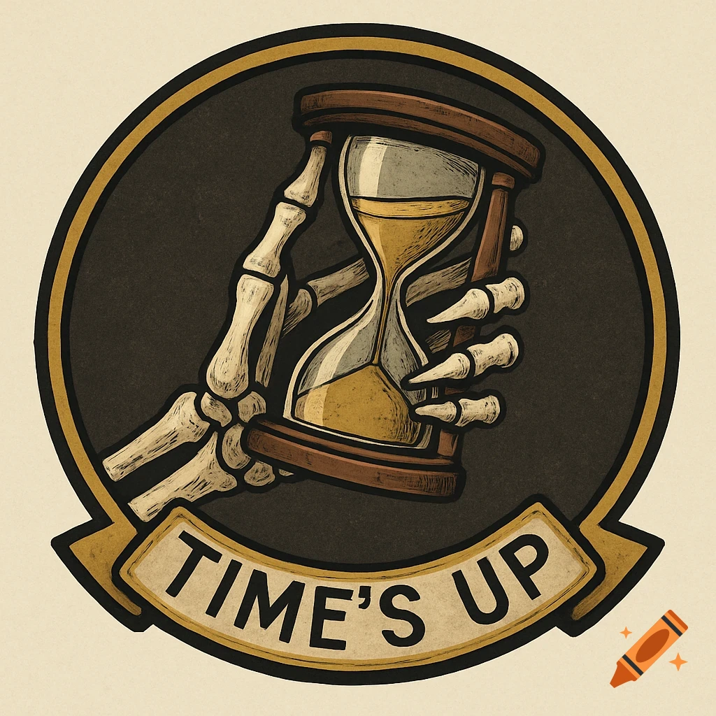 Digital art patch with a skeleton hand holding an hourglass and the text TIME'S UP on Craiyon
