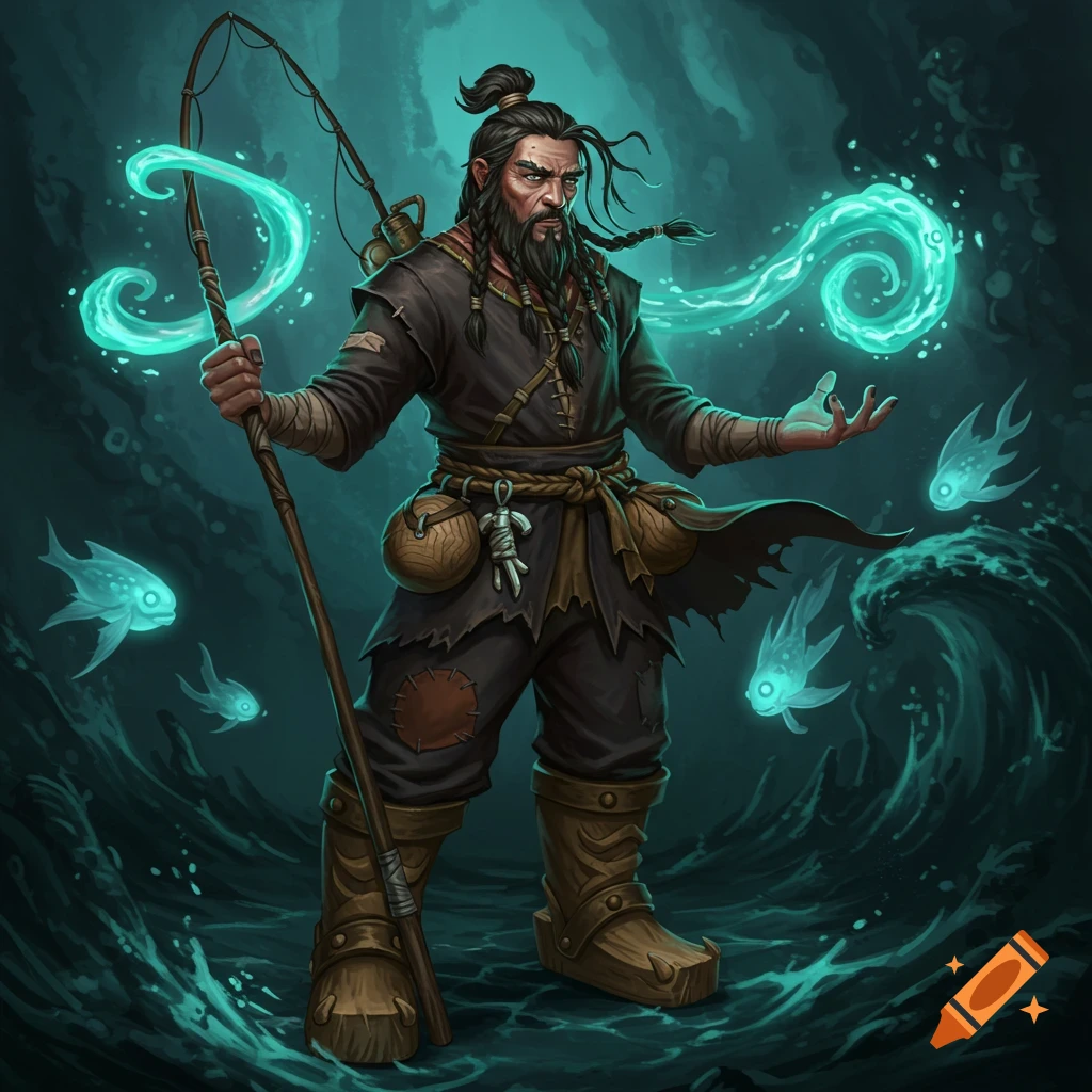 A fantasy sorcerer with a fishing rod uses magic to attract glowing ...
