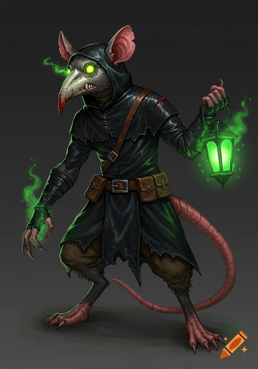 Fantasy rat plague doctor character holding a glowing green lantern. on ...