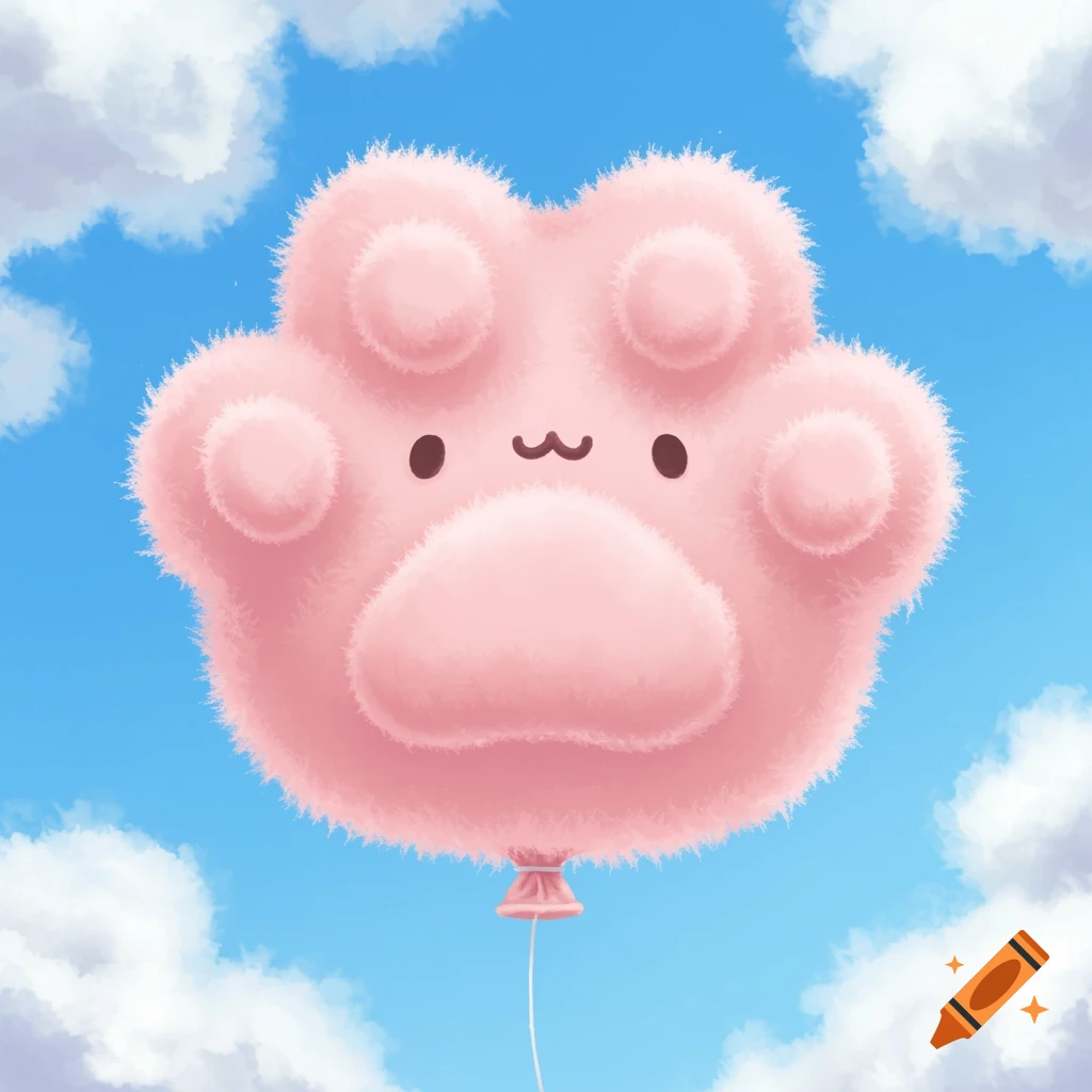 A fluffy pink cat paw balloon with a face floats in a blue sky with ...
